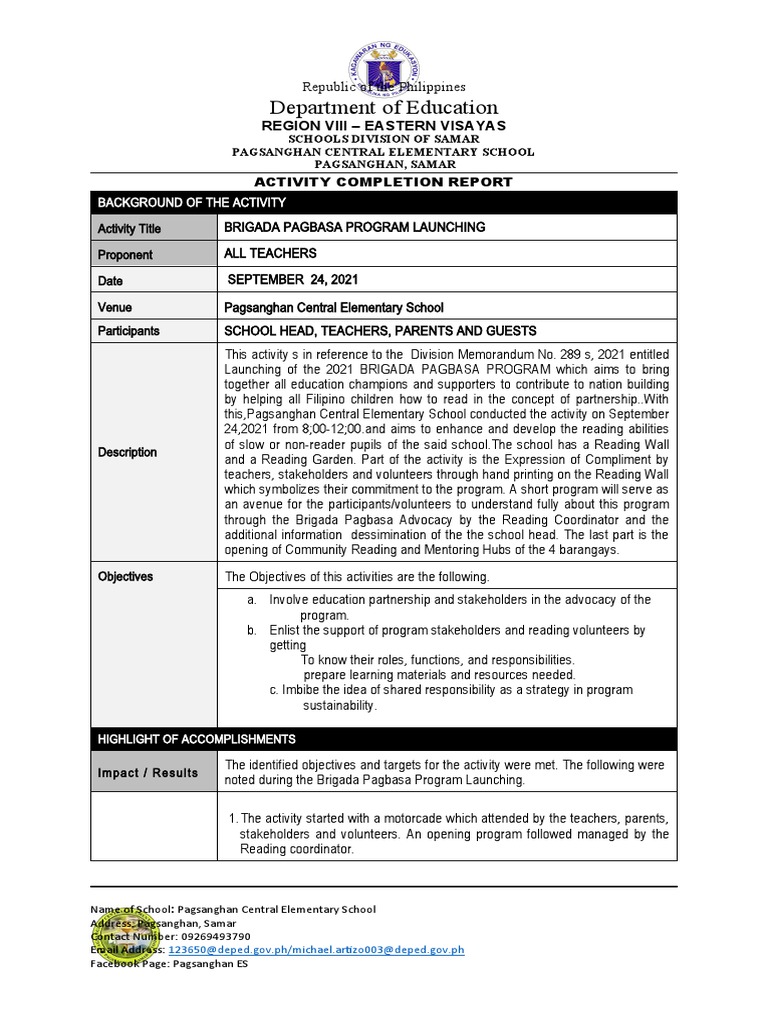 Department of Education: Activity Completion Report | PDF ...