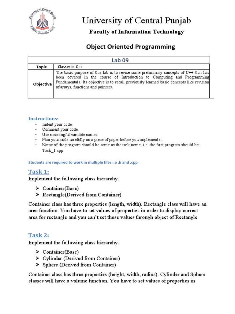 University of Central Punjab: Object Oriented Programming | PDF | Class (Computer Programming ...