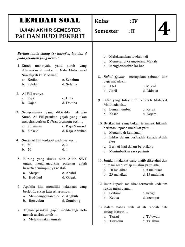 Soal Uts Pai Kls 4 SMT 2 2021 | PDF