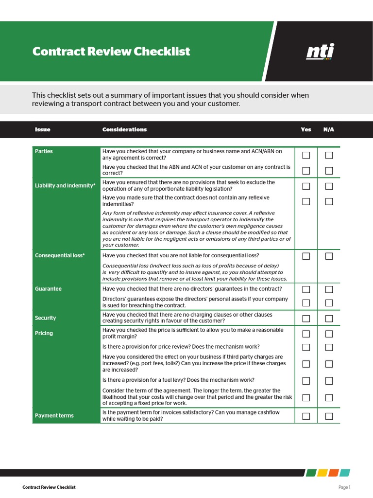 Contract Review Checklist | PDF | Indemnity | Legal Liability