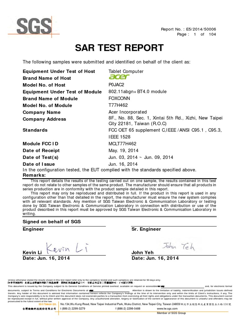 Sar Test Report: Report No.: E5/ 2014/ 50006 Page: 1 of 104 | PDF ...