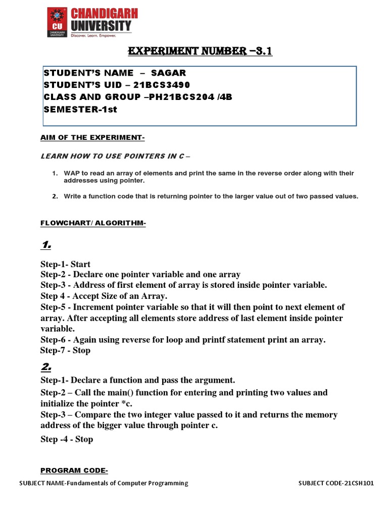 Experiment Number - 3.1: Learn How To Use Pointers in C | Download Free PDF | Pointer (Computer ...