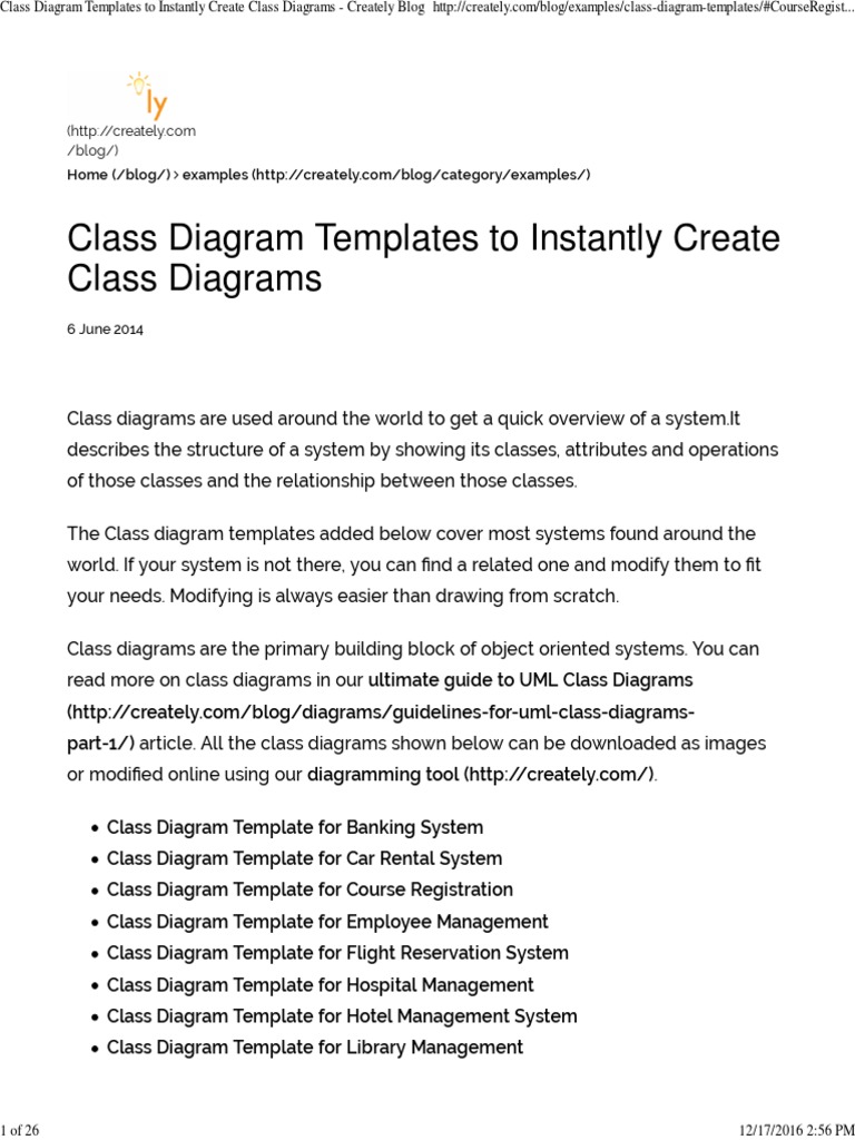Class Diagram Templates To Instantly Create Class Diagrams - Creately ...