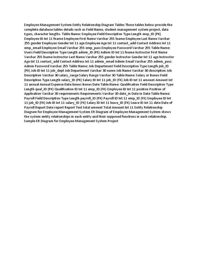Employee Management System Entity Relationship Diagram Tables These ...
