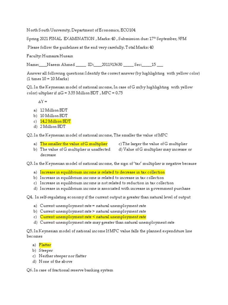 Naeem Ahmed - Final Q ECO104 | PDF | Money Supply | Economic Growth
