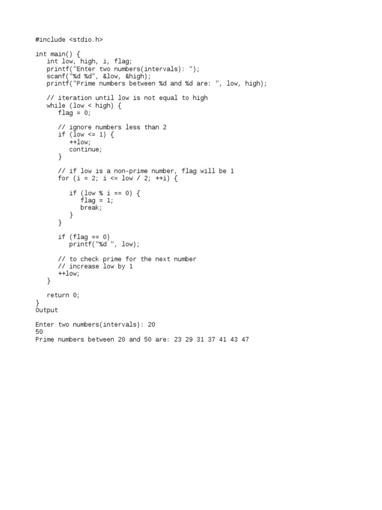 C Program To Display Prime Numbers Between Two Intervals | PDF
