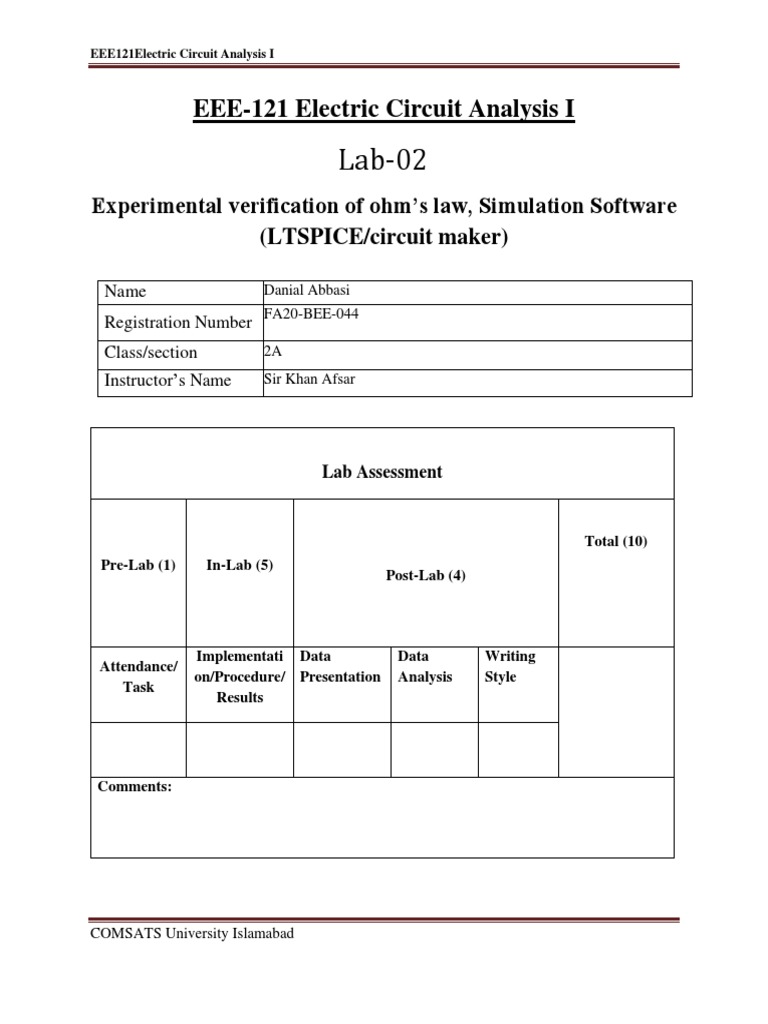 EEE-121 Electric Circuit Analysis I: Experimental Verification of Ohm's ...
