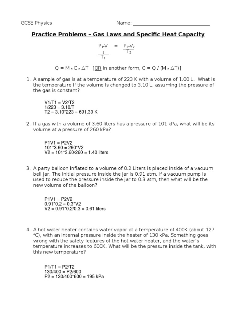 Gas Laws and Specific Heat Capacity Practice | PDF | Heat | Temperature