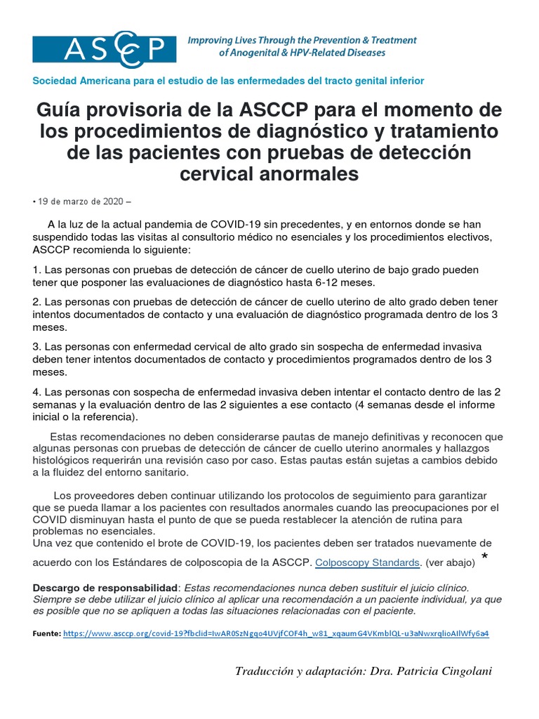 Guia Provisoria de La ASCCP | PDF | Cáncer de cuello uterino | Cáncer