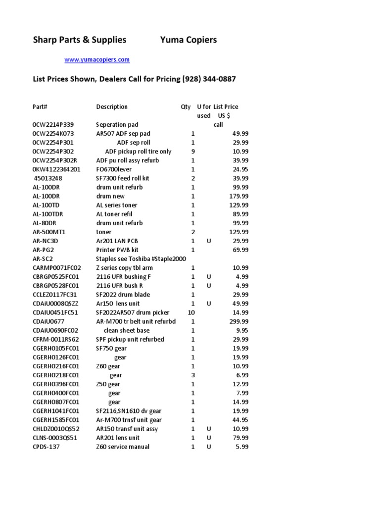 Sharp Parts and Supplies List | PDF