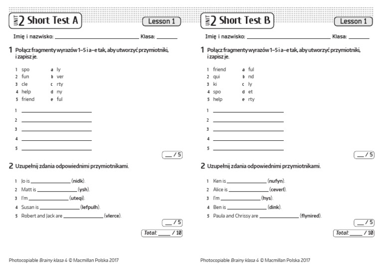 Brainy kl4 Short Tests Unit 2 Lesson 1 | PDF