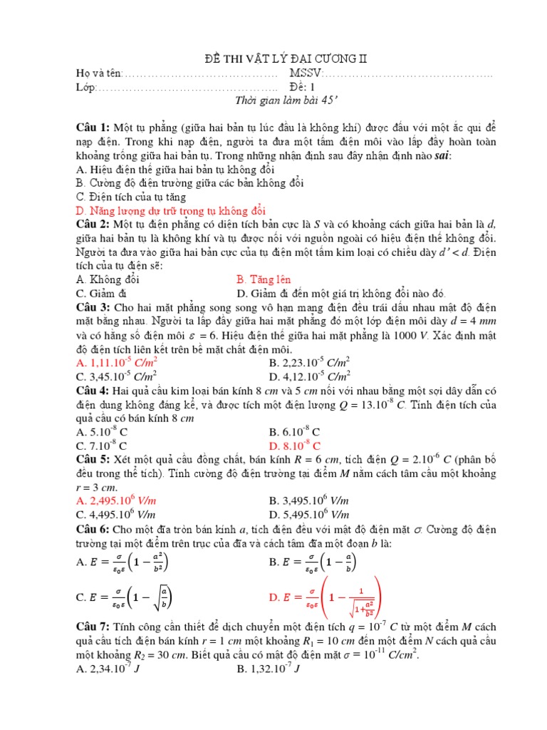 Vat Ly Dai Cuong 2 TN VLDC 2 Kem Dap An (Cuuduongthancong - Com) | PDF