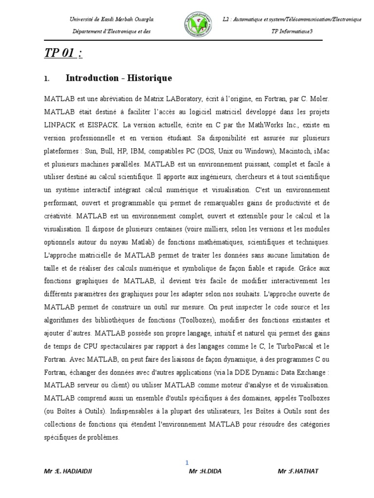 TP Matlab | PDF | MATLAB | Matrice (Mathématiques)