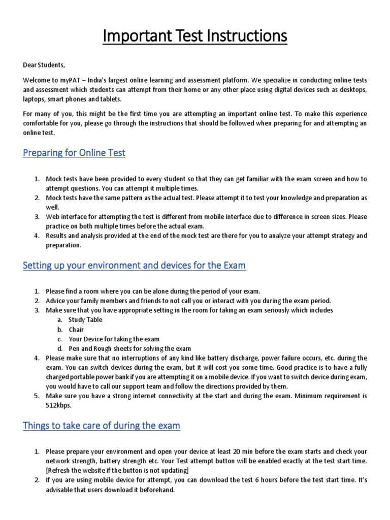 Important Test Instructions: Preparing For Online Test | PDF | Test ...