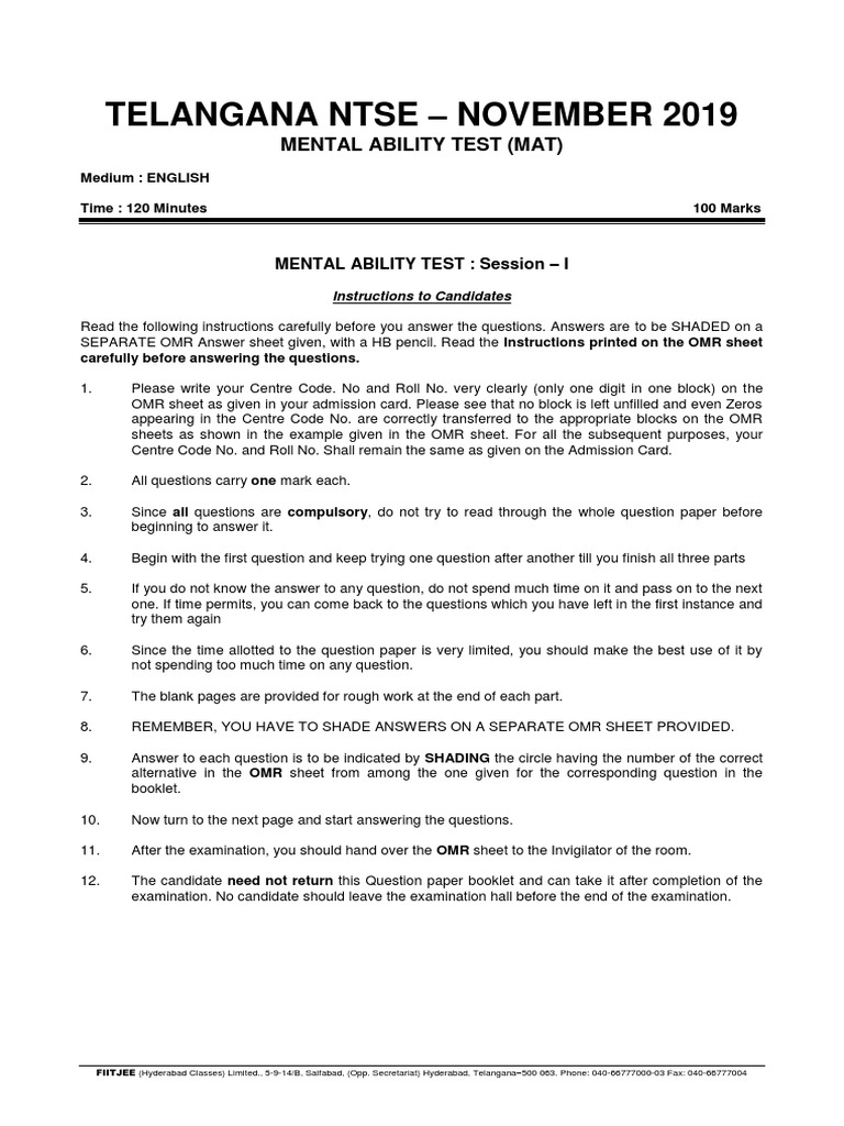 NTSE Telangana Question Papers 2019 20 | PDF