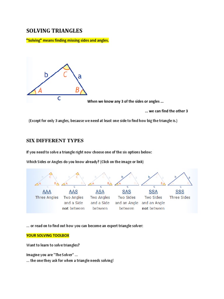 Solving Triangles Six Different Types Pdf Triangle Trigonometric