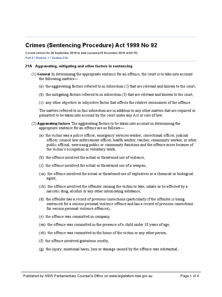 Crimes (Sentencing Procedure) Act 1999 No 92 Section 21A | PDF | Crime ...