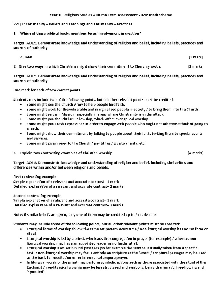 Year 10 Autumn Term Assessment 2020 MARKSCHEME | PDF | Creationism ...