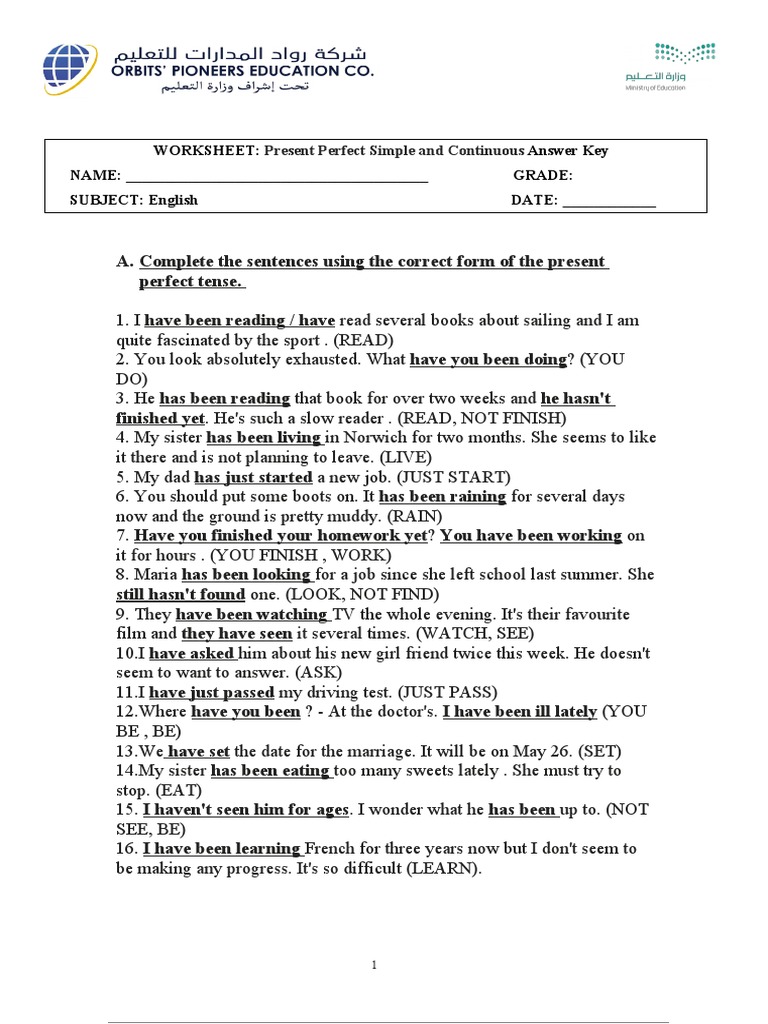 Present Perfect Simple and Continuous Answer Key - Template | PDF
