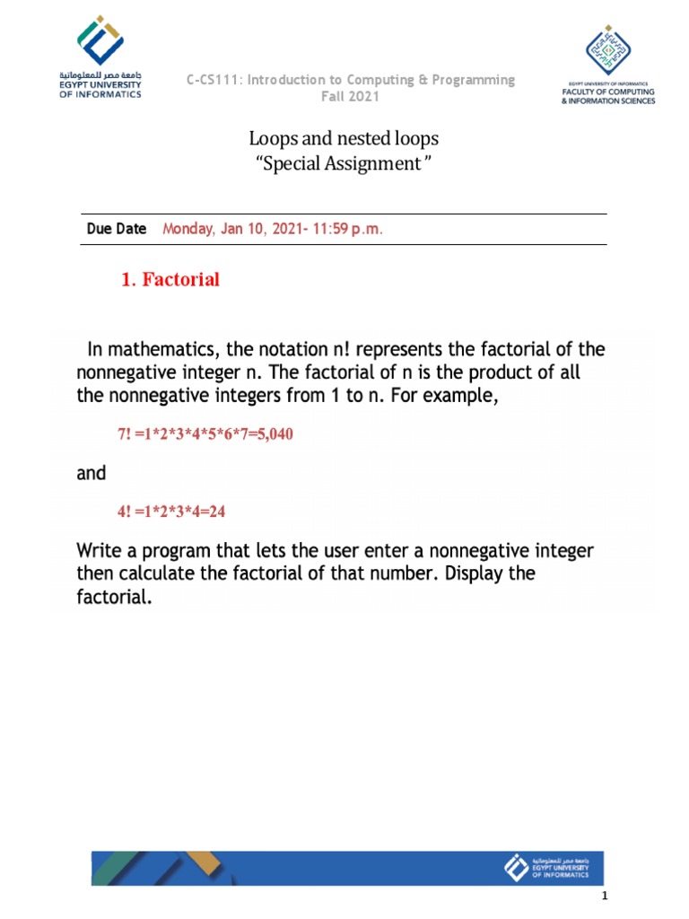 Factorial: Loops and Nested Loops "Special Assignment " | PDF | Teaching Methods & Materials ...