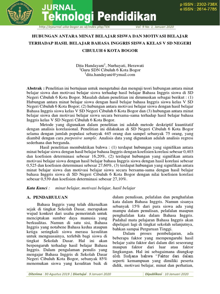 Hubungan Antara Minat Belajar Siswa Dan Motivasi B | PDF
