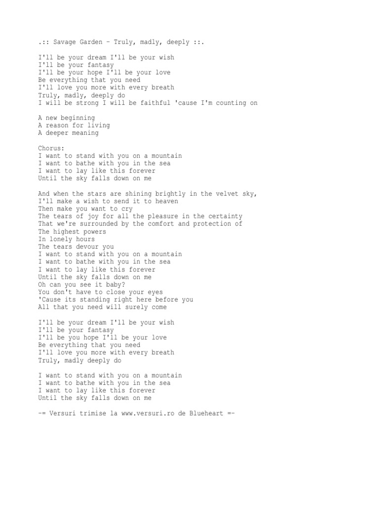 Savage Garden Truly Madly Deeply Lyrics