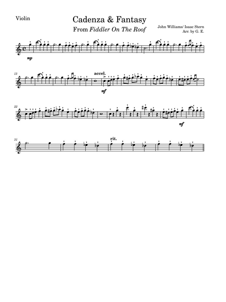 Fiddler On The Roof Cadenza and Fantasy With Parts-Violin | PDF ...