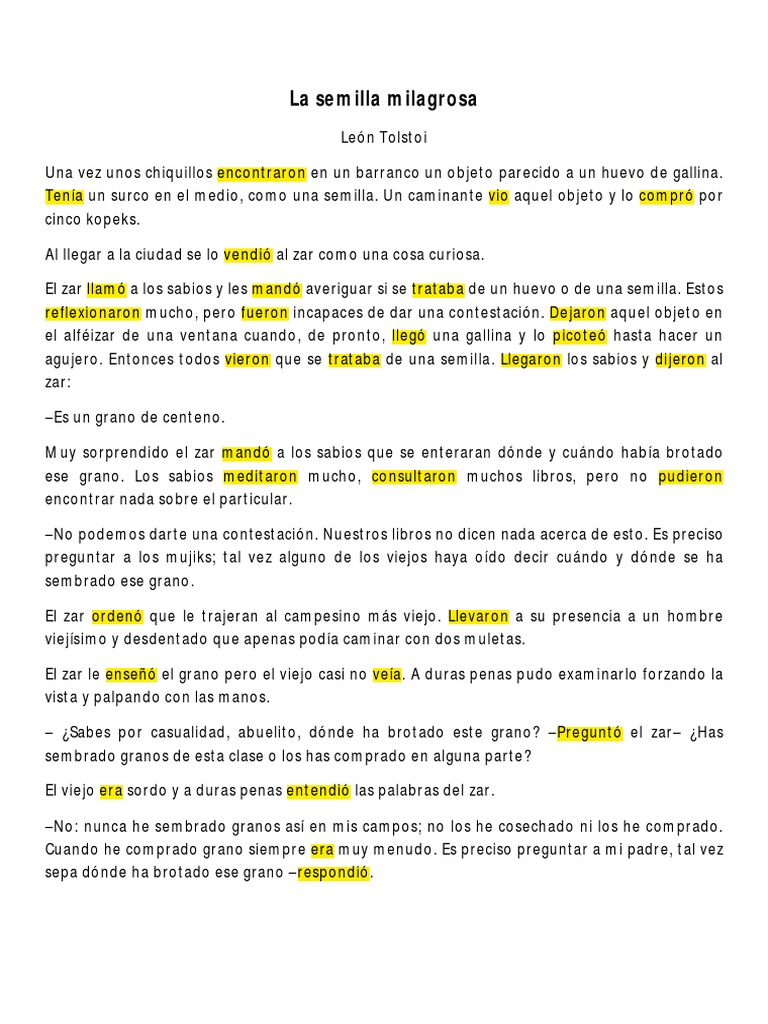 Cuento. La Semilla Milagrosa. Preterito Simple e Imperfecto | PDF