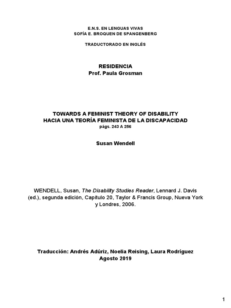 WENDELL Towards A Feminist Theory of Disability | PDF | Invalidez