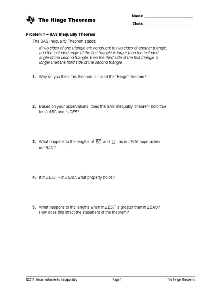 The Hinge Theorems: The SAS Inequality Theorem States | PDF | Triangle ...