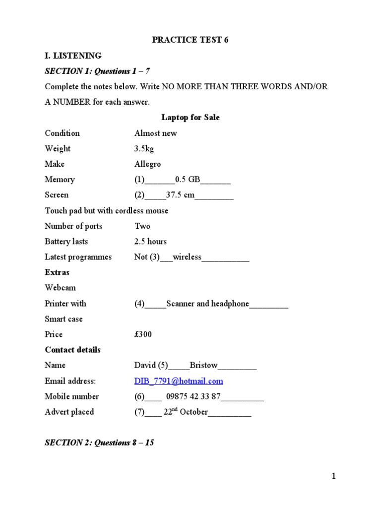 SECTION 1: Questions 1 - 7: Practice Test 6 I. Listening | PDF ...
