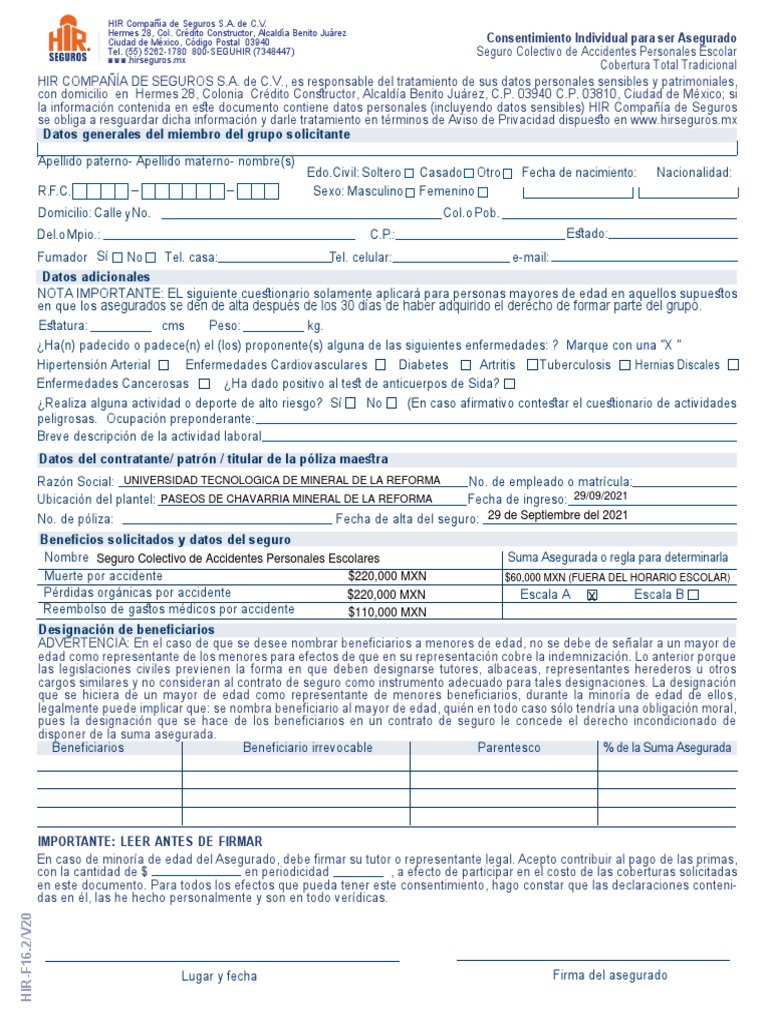 Formato Seguro Alumnado | PDF | Póliza de seguros | Seguro