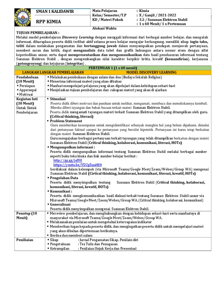 3.5 RPP PJJ Kimia Kls X Susunan Elektron Stabil | PDF