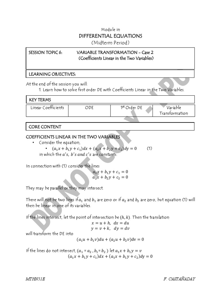 MTHN31E - Module - 6 - Coefficients Linear in Two Variables | PDF ...