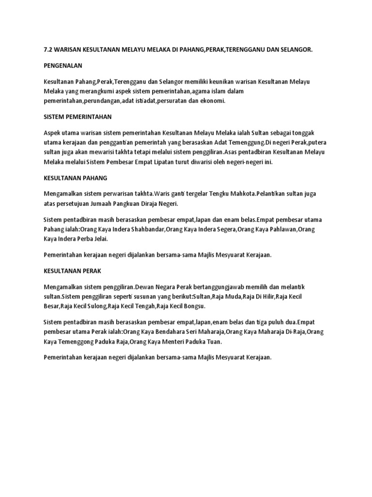 7.2 Warisan Kesultanan Melayu Melaka Di Pahang, Perak, Terengganu Dan Selangor | PDF