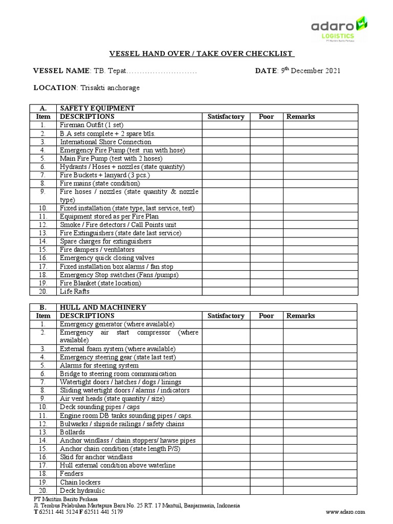 Vessel Hand Over Take Over Checklist - Tug | PDF | Manufactured Goods ...