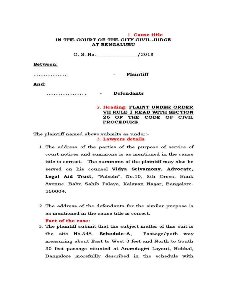 Civil Suit Plaint Draft for Easement Rights | PDF | Lawsuit | Equity (Law)