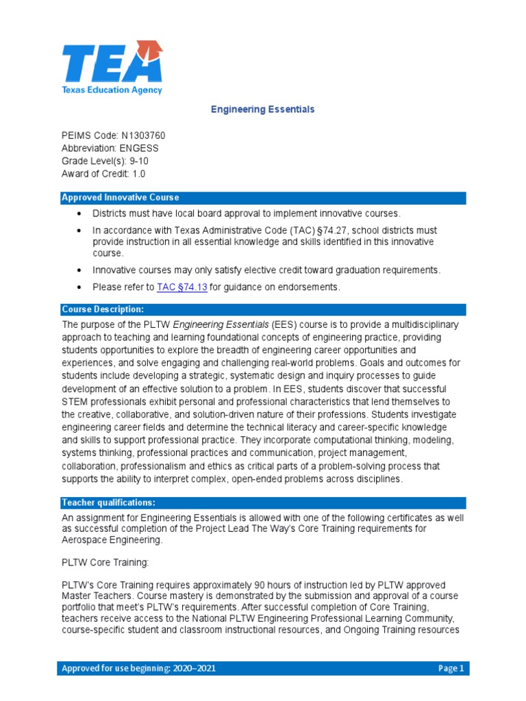 PLTW Engineering Essentials Overview | PDF | Teachers | Engineering