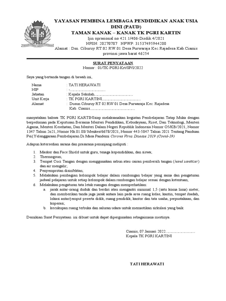 Surat Pernyataan KBM Tatap Muka Sip | PDF