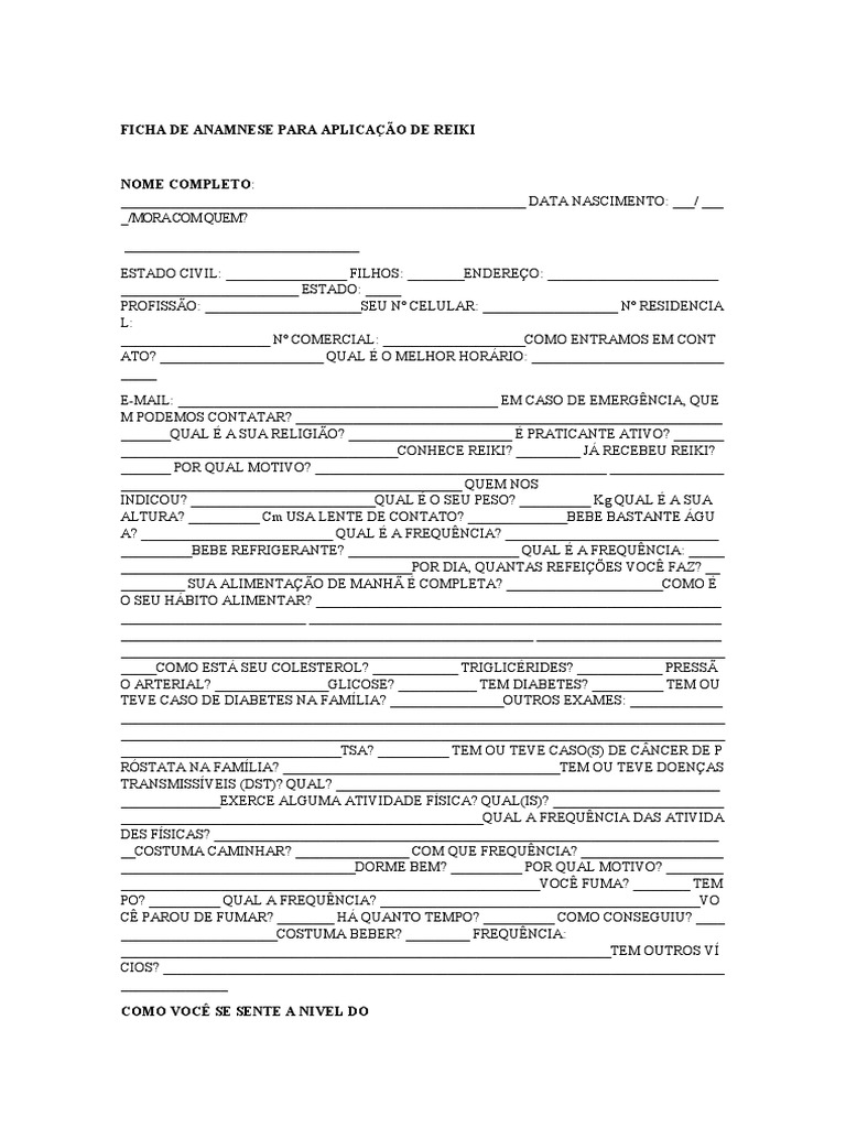 Anamnese Reiki | PDF | Medicina Clínica | Especialidades médicas