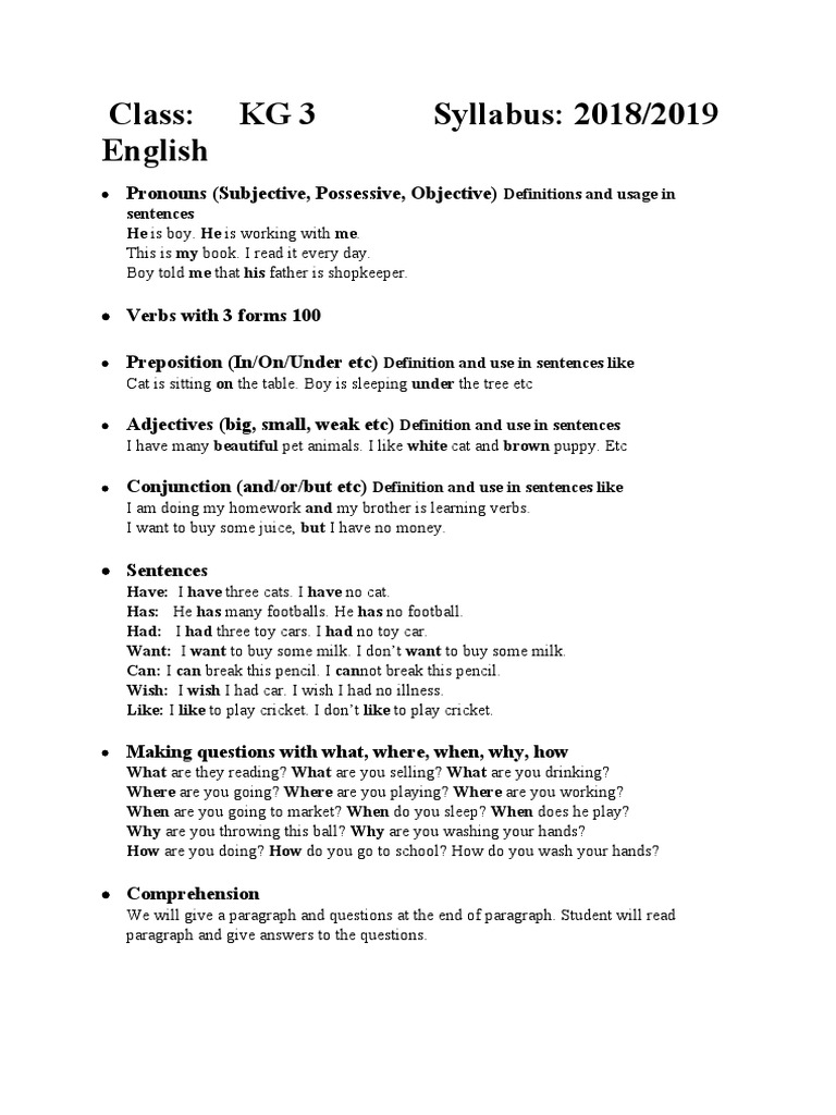 Class: KG 3 Syllabus: 2018/2019 English: Pronouns (Subjective ...