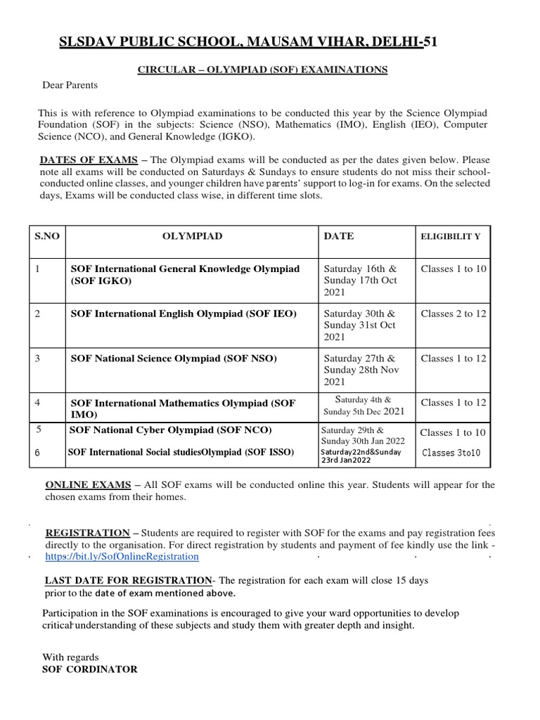 SOF Olympiad Exam Circular 2021-22 | PDF | Technology & Engineering