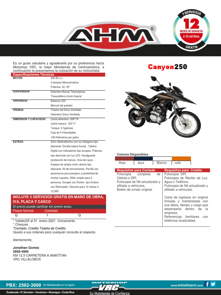 Ficha Técnica AHM Canyon 250 | PDF | Tecnología de vehículos ...