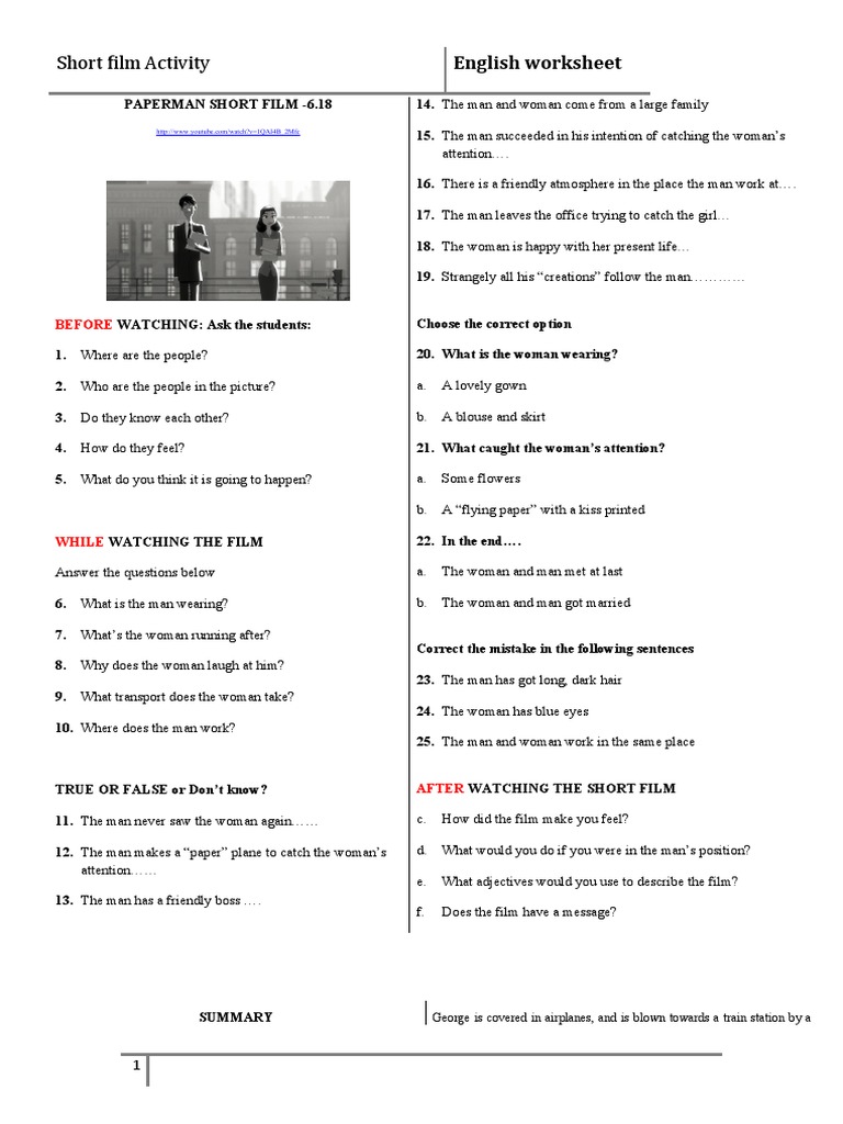 Short Film Activity: English Worksheet | PDF