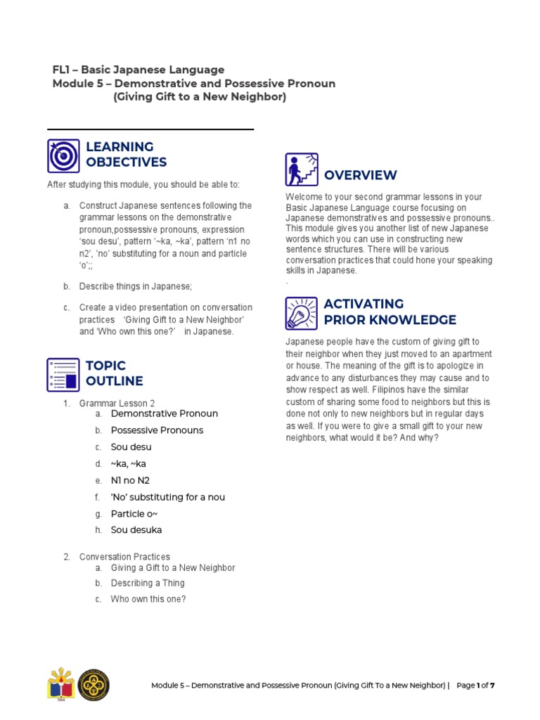 FL1 Mod 05 Demonstratives and Possessive Pronouns | PDF | Japanese ...