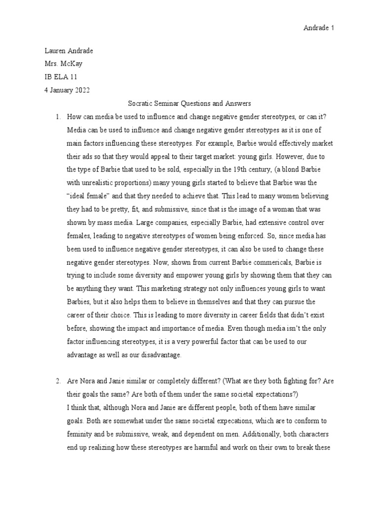 Socratic Seminar on Gender Stereotypes | PDF | A Doll's House