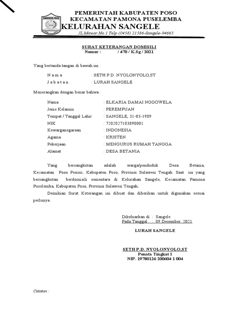Surat Keterangan Domisili Kelurahan Sangele | PDF