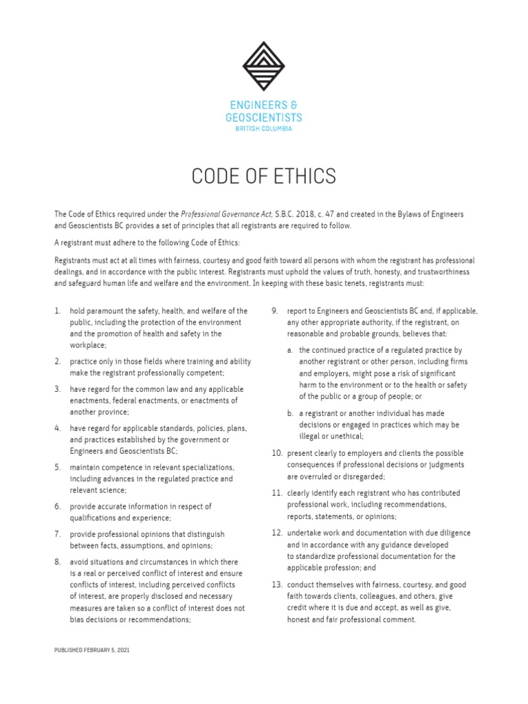 Engineers BC Code of Ethics Overview | PDF | Conflict Of Interest | Safety