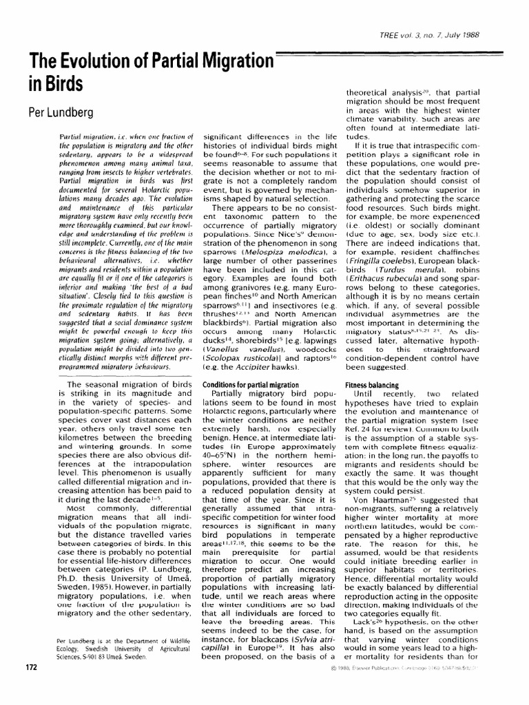 The Evolution of Partial Migration in Birds: Per Lundberg | PDF | Bird ...