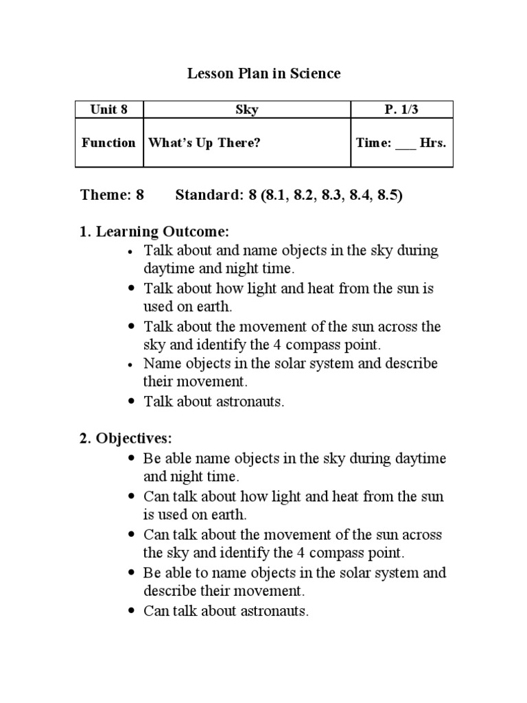 Lesson Plan in Science Grade 1 Unit 8 | PDF | Sky | Solar System